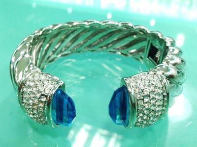 China (B-56)Wide Cuff Bracelet with Blue Topaz and Clear Cubic Zircon for sale