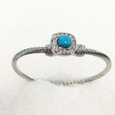 China (B-111) Free Shipping Silver Plated Women's Cuff Bangle with Turquoise and Cubic Zircon for sale