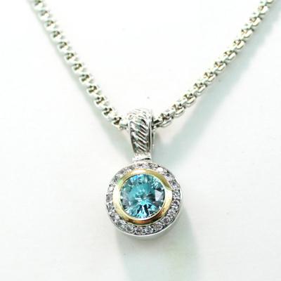 China (N-49) 925 Silver Box Chain with Two Tone Blue Cubic Zircon Petite Pendant Necklace 18 for sale