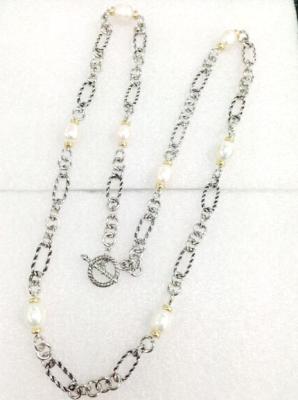 China (N-21) Fashion Jewelry Women' s Necklace Silver Plated White Pearl Figaro Chain 36 inches for sale