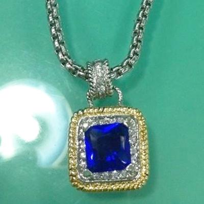 China (N-70) New Style Jewelry Two Tone Silver Plated Square Blue Cubic Zircon Pendant Necklace for sale