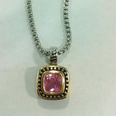 China (N-63) Fashion Jewelry Two Tone Silver Plated Pink Cubic Pendant Necklace for sale