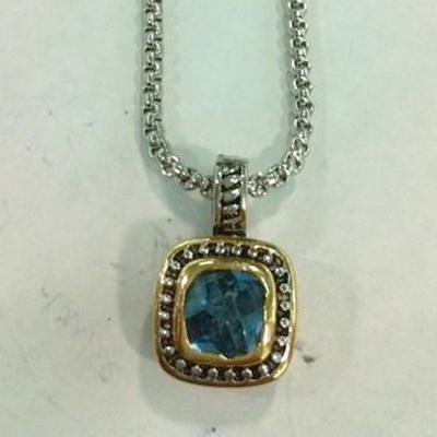 China (N-65) Fashion Jewelry Two tone Silver Plated Blue Cubic Zircon Pendant Necklace for sale