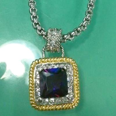 China (N-68)  Two Tone Silver Plated Square Amethyst Cubic Zircon Pendant Necklace for sale