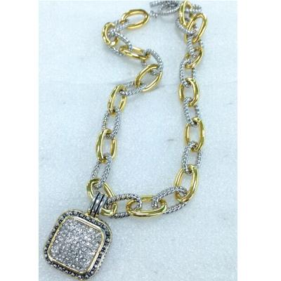 China (N-83) New Women's Jewelry Two Tone Silver Plated Pave Rhinestone Square Pendant Oval Link for sale
