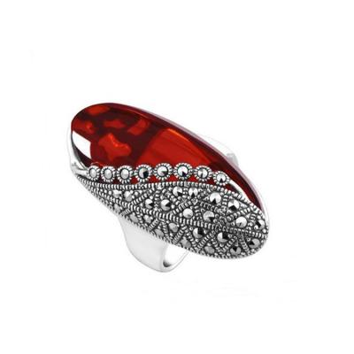 China Vintage Sterling Silver Ring with Oval Red Cubic Zirconia and Marcasite(R12283RED) for sale