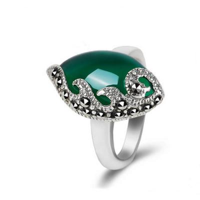 China Thail Sterling Silver with Green Agate and Marcasite Ring (R121403) for sale
