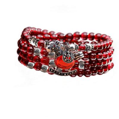China 5mm Round Genuine Garnet Beads Bracelet with 925 Silver Marcasite Horse Garnet Charm (B120706) for sale