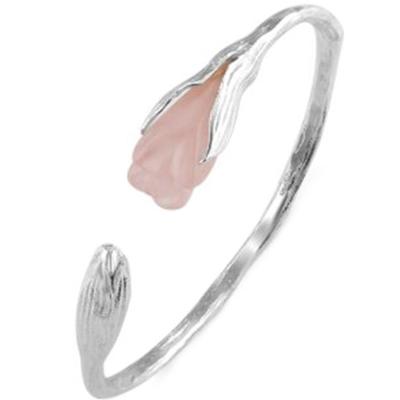 China Handcraft Sterling Silver Cuff Bracelet with Sculpted Rose Quartz Gardenias (B6032401ROSE) for sale