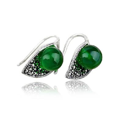 China Thai Vintage Sterling Silver 10mm Round Green Agate Hoop Earrings (E11061GREEN) for sale
