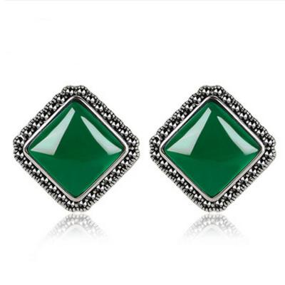 China 925 Silver Green Agate Marcasite Stud Earrings Thai Vintage Jewelry (E11062) for sale