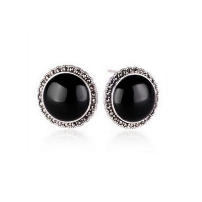 China Thai Silver Jewelry 18mm Black Onyx with Marcasite Vintage Earrings (E11066) for sale