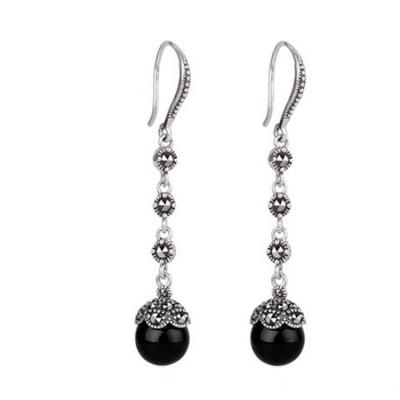 China Antique Thai Silver Jewelry Sterling Silver Black Onyx Marcasite Drop Dangle Earring (E12031BLACK) for sale