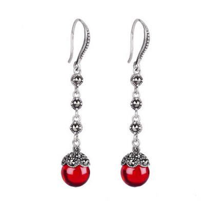 China Antique Thai Silver Jewelry Sterling Silver Red Garnet Marcasite Drop Dangle Earring (E12031RED) for sale