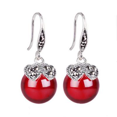 China Sterling Silver Red Cubic Zirconia with Marcasite Dangle Hoop Earrings(E12032RED) for sale