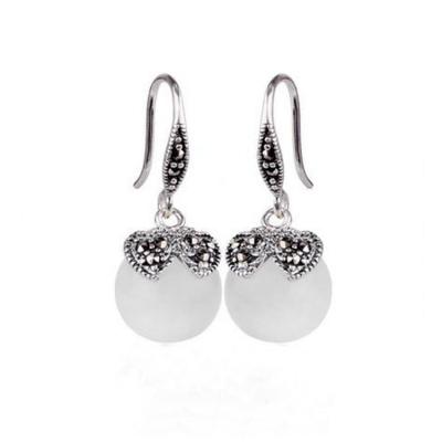 China Sterling Silver White Moon Stone with Marcasite Dangle Hoop Earrings(E12032WHITE) for sale