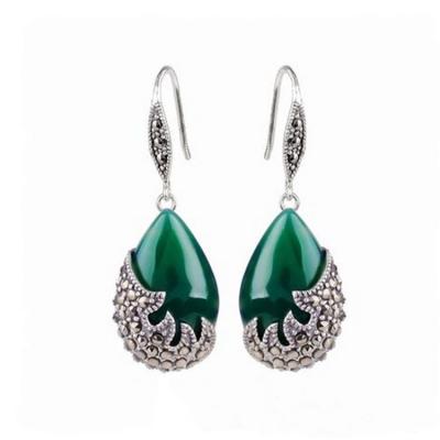 China Vintage Sterling Silver Green Agate with Marcasite Dangle Drop Earrings (E12033GREEN) for sale