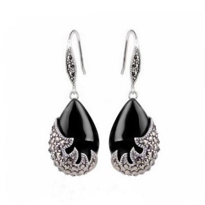 China Vintage Sterling Silver Black Onyx with Marcasite Dangle Drop Earrings (E12033BLACK) for sale