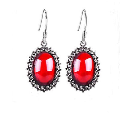 China Vintage Sterling Silver Oval Red Cubic Zirconia Dangle Earrings (E12034) for sale