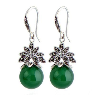China Sterling Silver Green Agate Bead Dangle Hoop Earrings Thai Vintage Jewellery (E12035GREEN) for sale