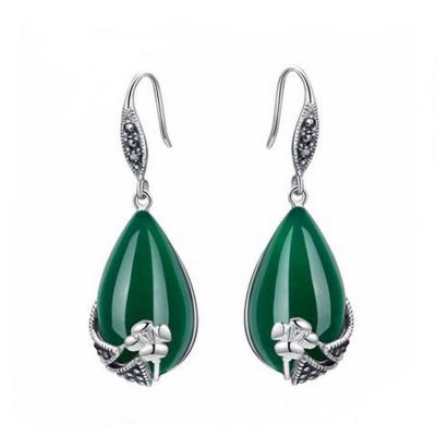 China Sterling Silver Green Agate Dangle Earrings Thai Vintage Jewelry (E12037) for sale