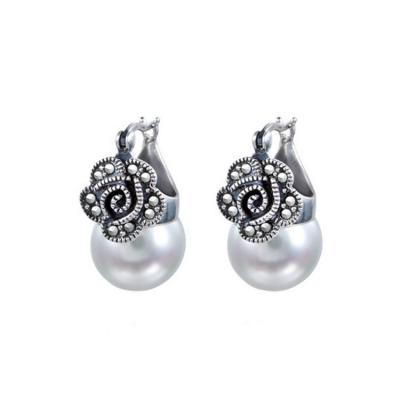 China Vintage Silver Marcasite Drop Earrings with White Simulated Shell Pearl (E12141) for sale