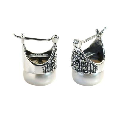 China 925 Silver Simulated Shell Pearl Drop Hoop Earrings Thai Vintage Jewelry (E12142) for sale