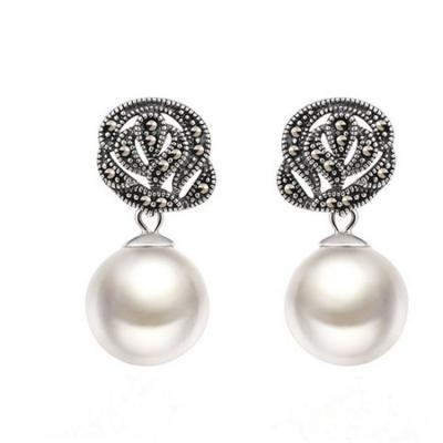 China 925 Silver Round 12mm White Simulated Shell Pearl Earrings Thai Style Jewellery (E12143) for sale