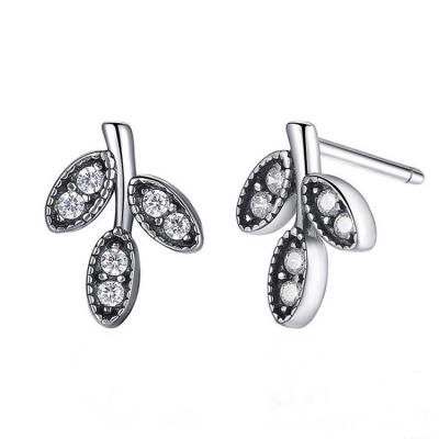 China Sterling Silver Pave Cubic Zircon Leaves Stud Earrings (E12281) for sale