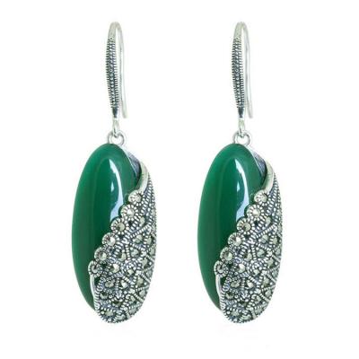 China Thai Sterling Silver Green Agate Marcasite Dangle Earring (E12287GREEN) for sale