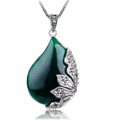 China Vintage Jewelry 925 Silver Green Agate  Marcasite Drop  Pendant Necklace 18 Inches (JA1674GREEN) for sale