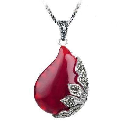 China Vintage Jewelry 925 Silver Red Agate  Marcasite Drop  Pendant Necklace 18 Inches (JA1674RED) for sale