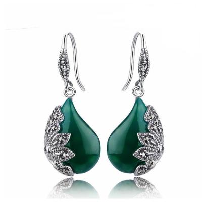 China Sterling Silver Marcasite Earrings Green Agate Retro Jewelry (JA1729GREEN) for sale
