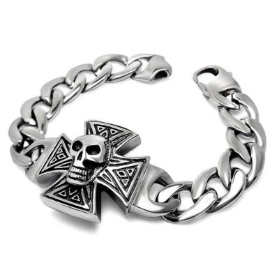 China Gothic Skull Cross Stainless Steel Id Bracelet for Men Vintage Old Metal Finishing (JCE456) for sale
