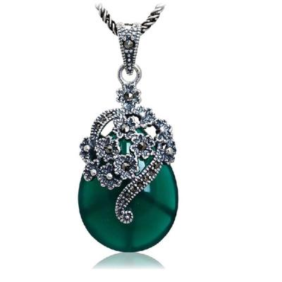 China Thai 925 Silver Pendant Necklace Green Agate and Marcasite(JX467GREEN) for sale