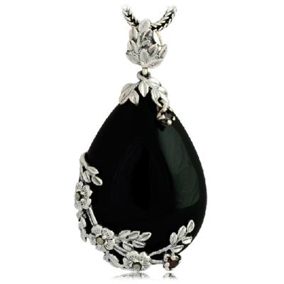 China Vintage Jewelry 925 Silver Marcasite Drop Black Agate Pendant Necklace 18 Inches(LN001BLACK) for sale