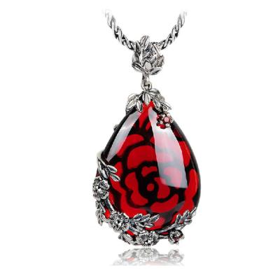 China Vintage Jewelry 925 Silver Marcasite Drop Created Garnet Pendant Necklace 18 Inches(LN001RED) for sale