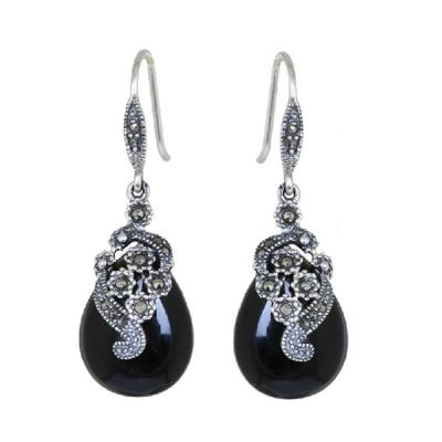 China Retro Jewelry Thai 925 Silver with Marcasite Black Onyx Earrings(LR1036BLACK) for sale