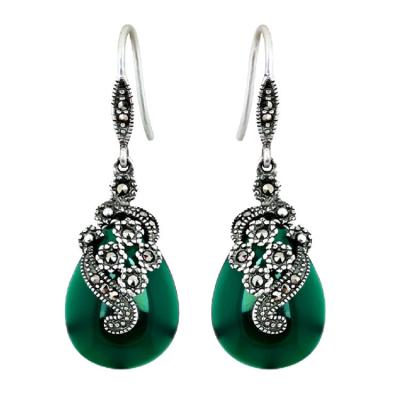 China Retro Jewelry Thai 925 Silver with Marcasite Green Agate Earrings(LR1036GREEN) for sale