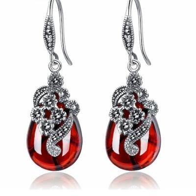 China Retro Jewelry Thai 925 Silver with Marcasite Garnet Earrings(LR1036RED) for sale