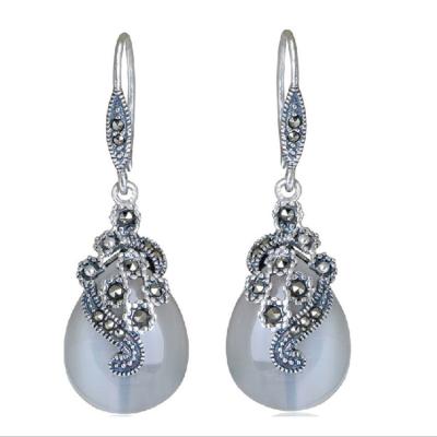 China Retro Jewelry Thai 925 Silver with Marcasite White Opal Earrings(LR1036WHITE) for sale