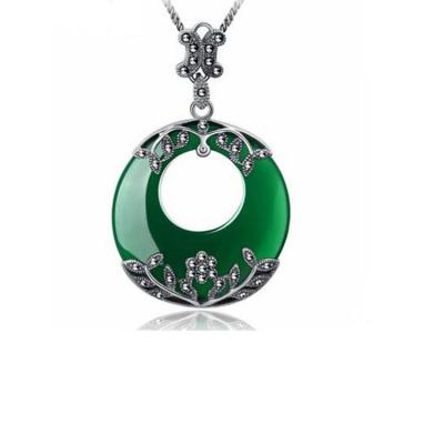 China Thai Silver Green Agate Pendant Necklace Marcasite Retro Jewelry(N11061GREEN) for sale