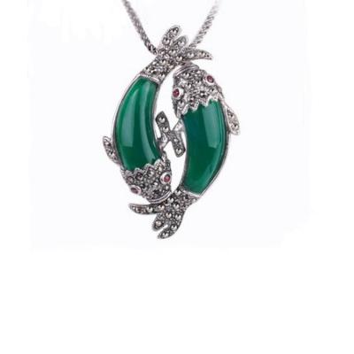 China Thai 925 Silver Double Fishes Green Agate Pendant with Sterling Silver Chain (N11066GREEN) for sale