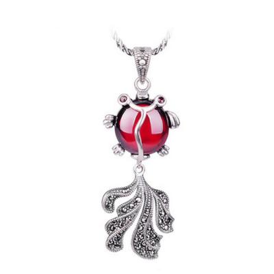 China Sterling Silver Chain Vintage Marcasite Garnet Goldfish Pendant Necklace(N12036) for sale