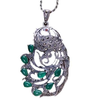 China Vintage Thai Sterling Silver Green Agate with Marcasite Peafowl Pendant Necklace(N017961W) for sale