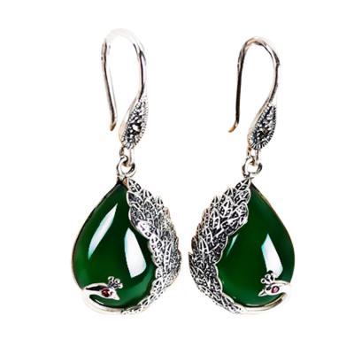 China Thai Sterling Silver Green Chalcedony Drop Retro Earrings (E170619GREEN) for sale