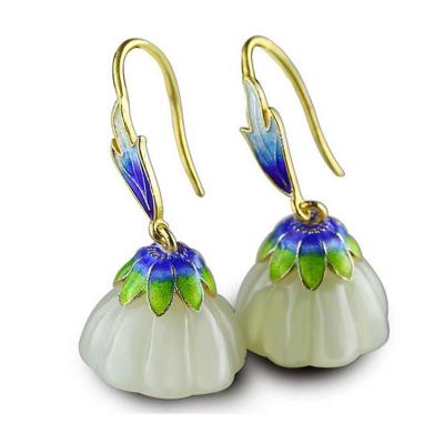 China Retro Enamel 925 Silver Natural Hetian Jade Dangel Earrings (E17060201) for sale