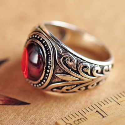 China Mens Sterling Silver Retro Ring with Oval Created Garnet (XH037009RED) for sale