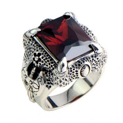 China Mens Thailand Retro Dragon Sterling Silver Ring with Created Garnet(023605WRED) for sale