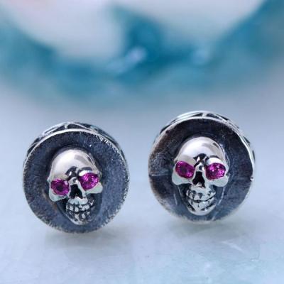 China Vintage Black 925 Silver Skull Stud Earrings with Red Cubic Zircon (XH054872W) for sale